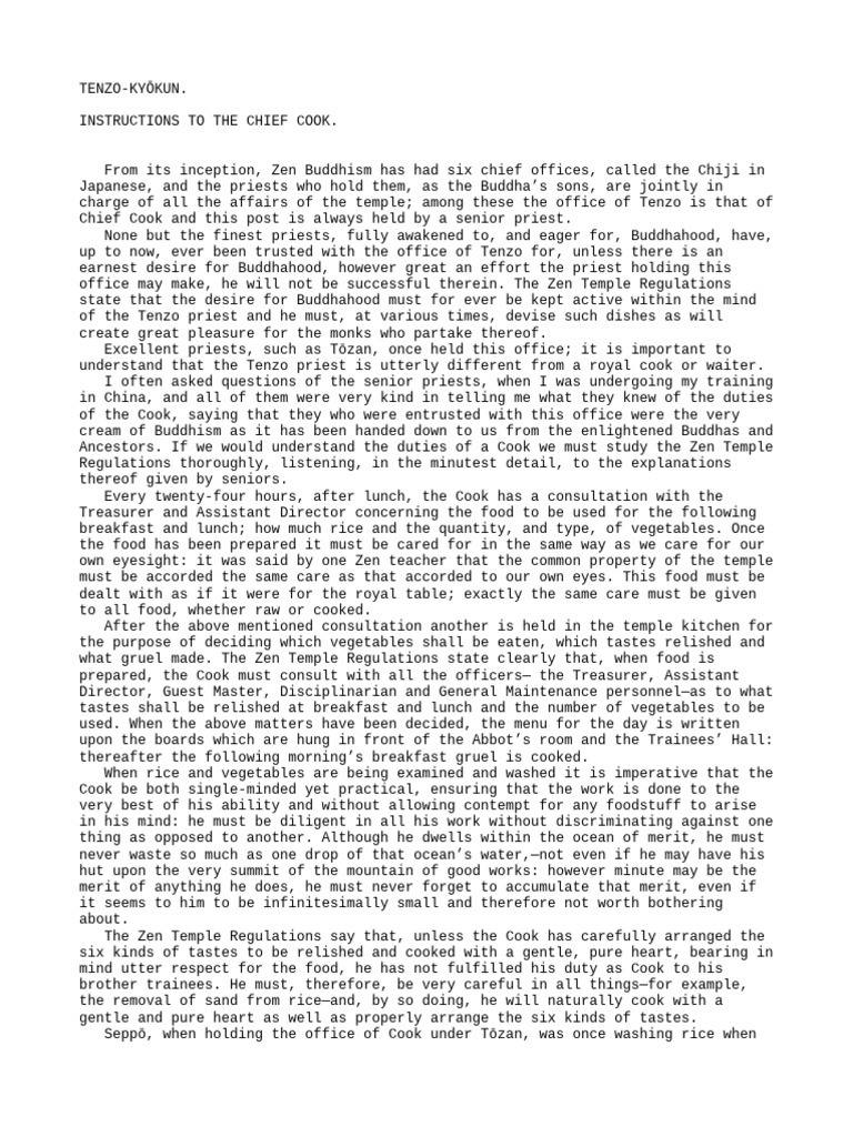 TENZO-KYŌKUN. INSTRUCTIONS TO THE CHIEF COOK. (Jiyu-Kennett, 1972 (1999 ...