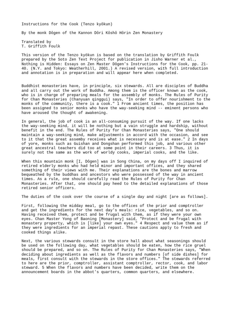 Instructions For The Cook (Tenzo Kyôkun) (Foulk, SZTP, 2001) | PDF ...