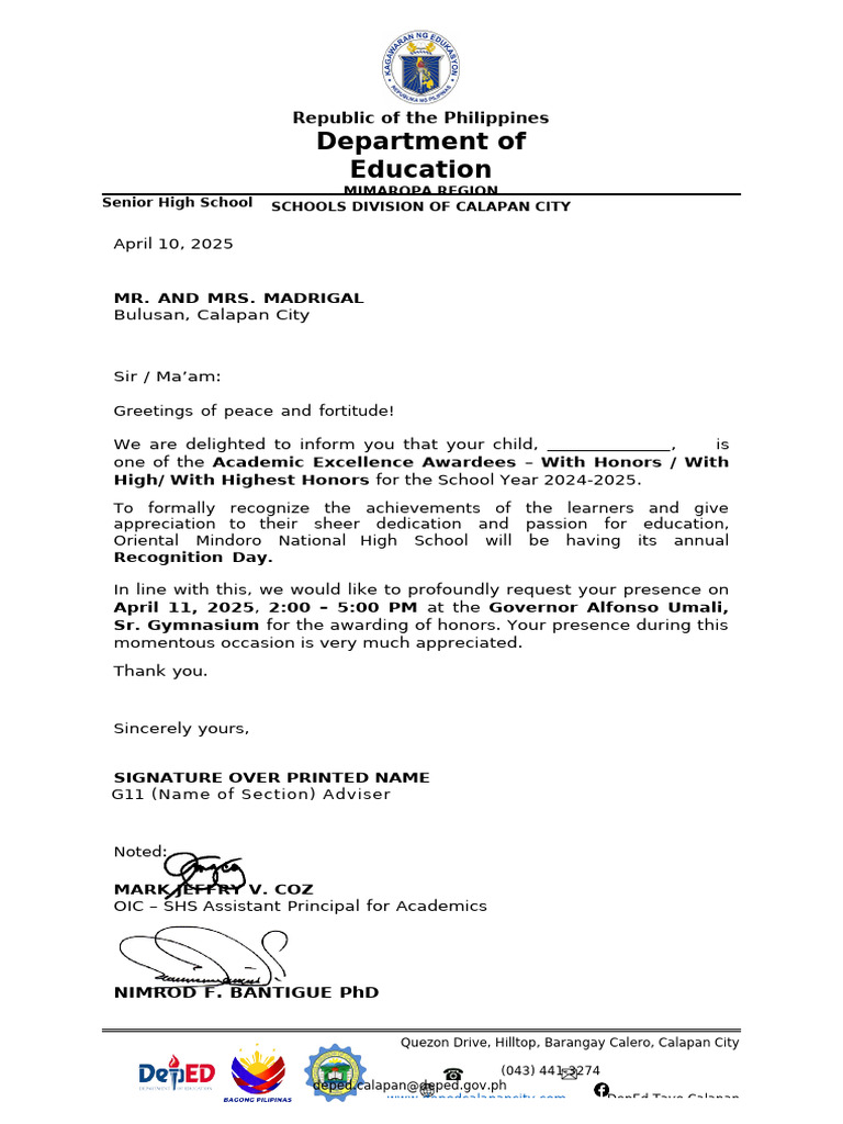 G11 - Invitation To Parents - Recognition 2025 | PDF