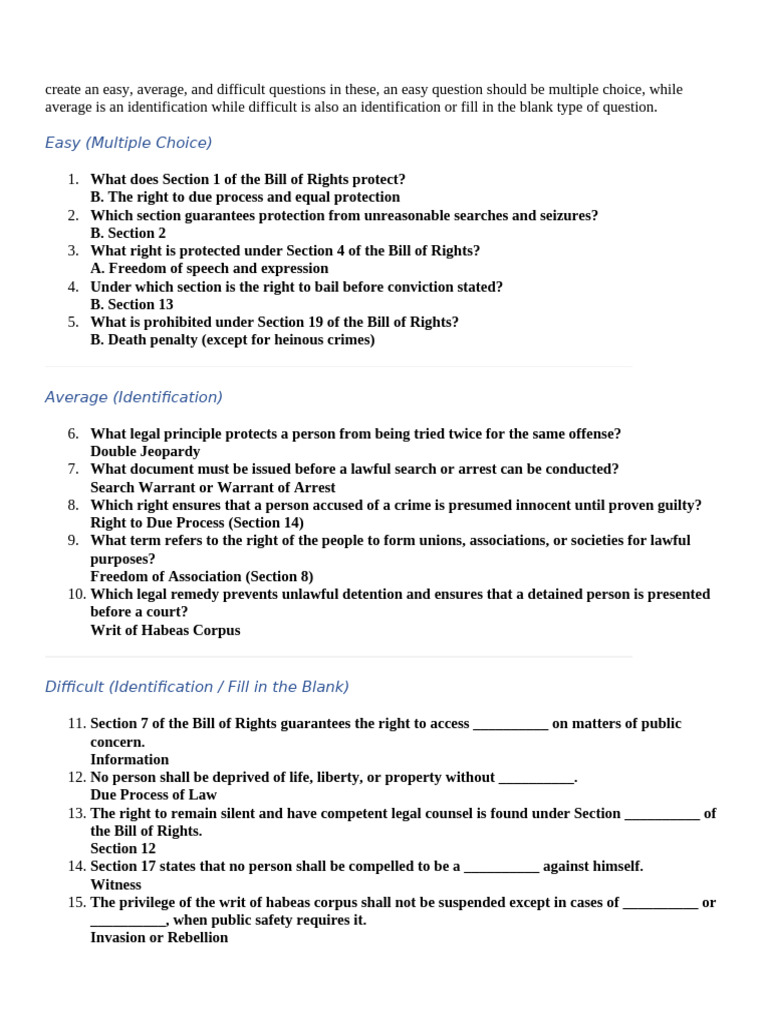 Bill of Rights Question Types Guide | PDF | Search And Seizure | Right ...