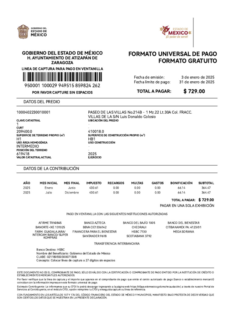 Formato Universal de Pago Predial | PDF | Finanzas personales | Bancos