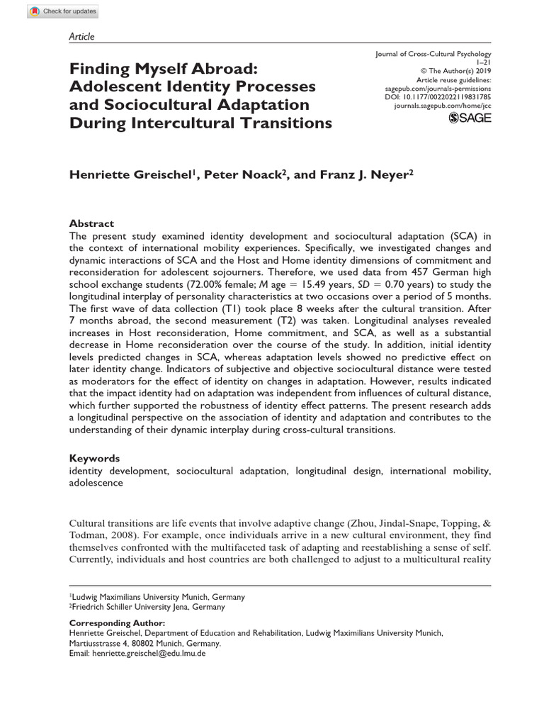 Finding Myself Abroad: Adolescent Identity Processes and Sociocultural ...