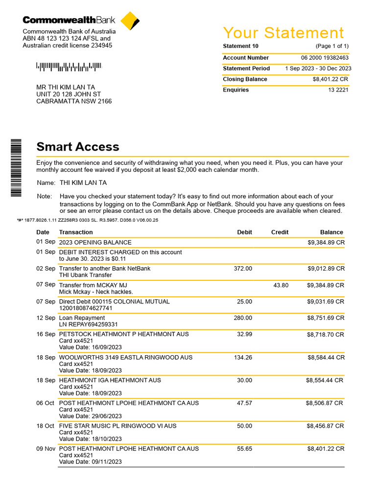 commonweath-bank-statement-template-lab | PDF | Banks | Debit Card