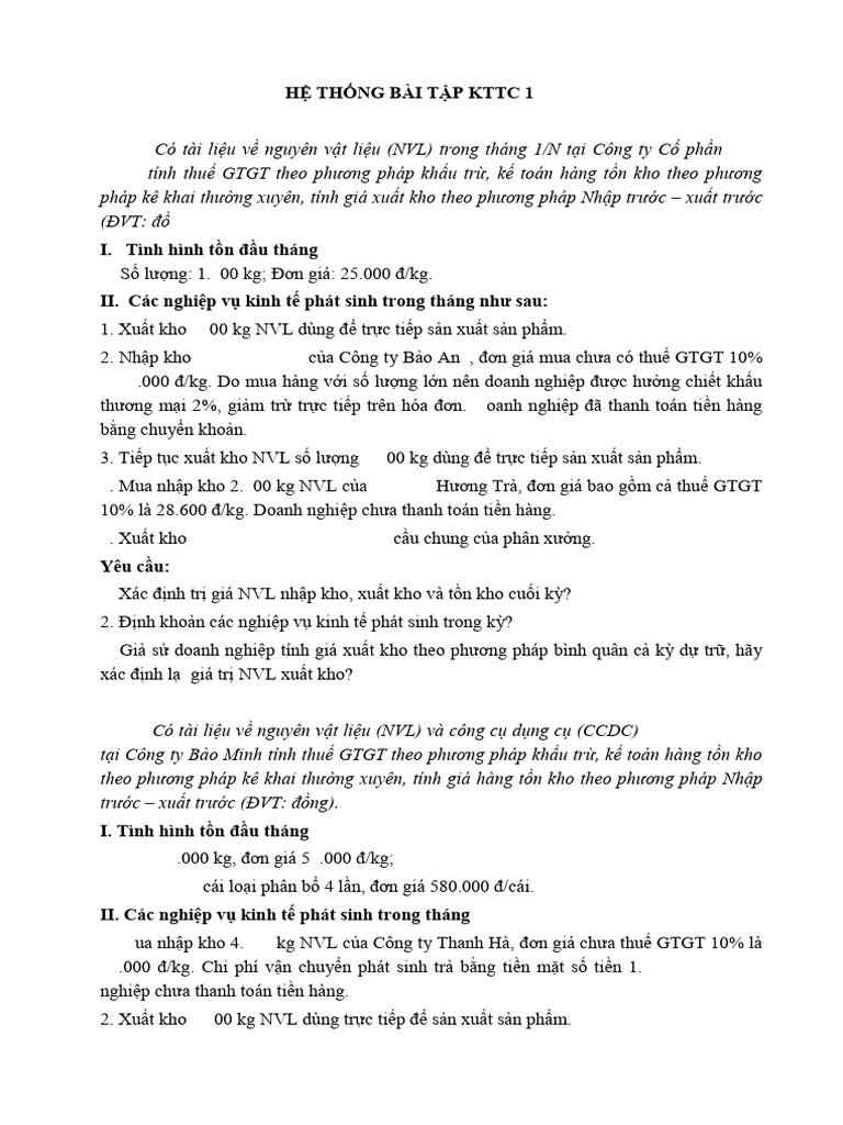 HỆ THỐNG BÀI TẬP KTTC 1 - K67 | PDF