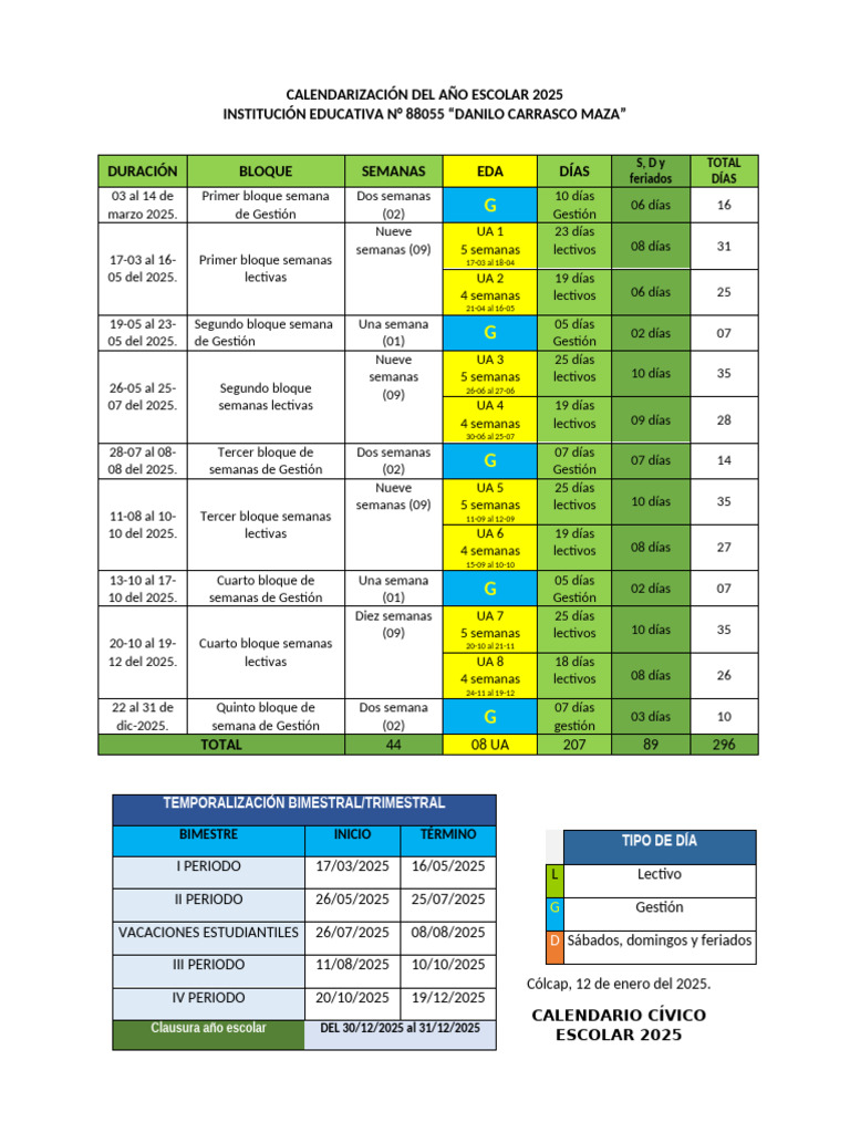 Calendarización Del Año Escolar 2025 | PDF