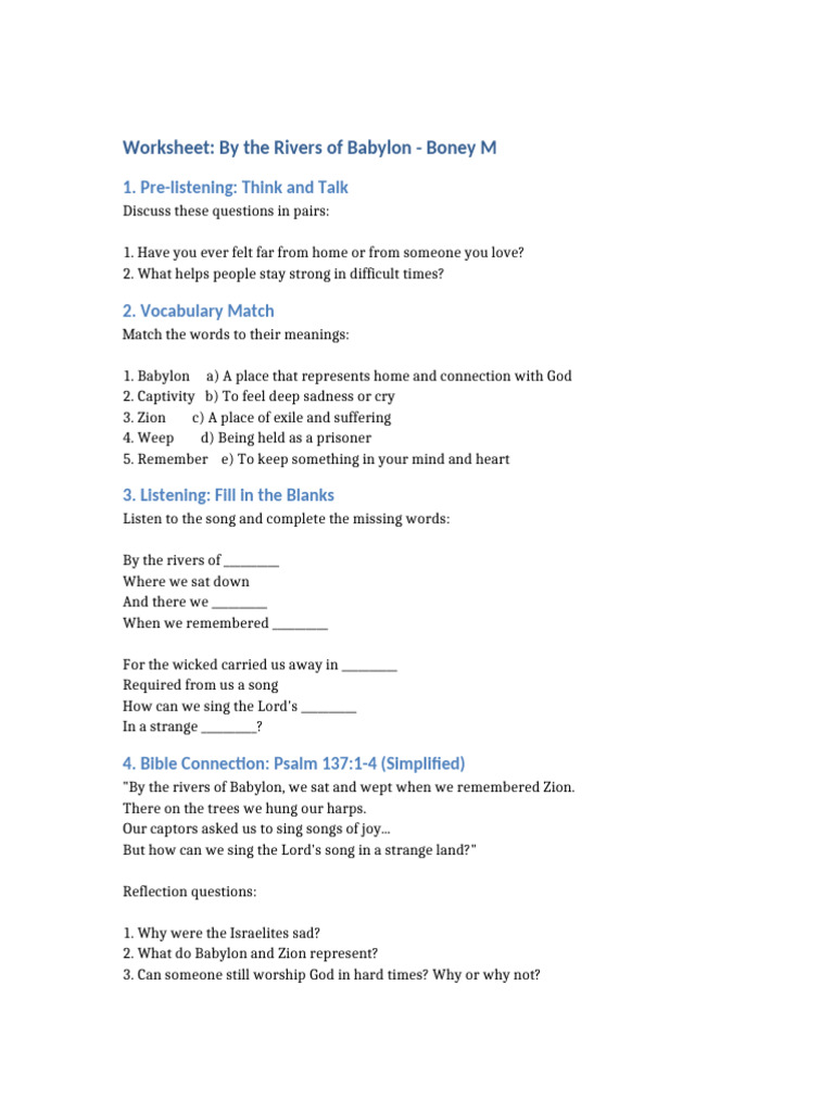 By The Rivers of Babylon Worksheet | PDF