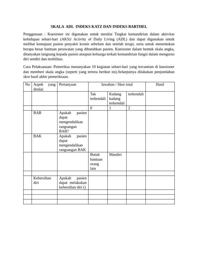 Skala Adl Indeks Kats Dan Indeks Barthel Dan Lawton (1) (Autorecovered) | PDF