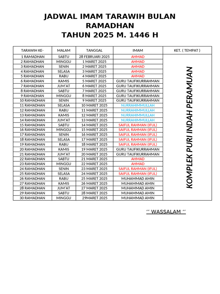 Komplek Pip (Jadwal Imam Tarawih Bulan Ramadhan 2025.) | PDF