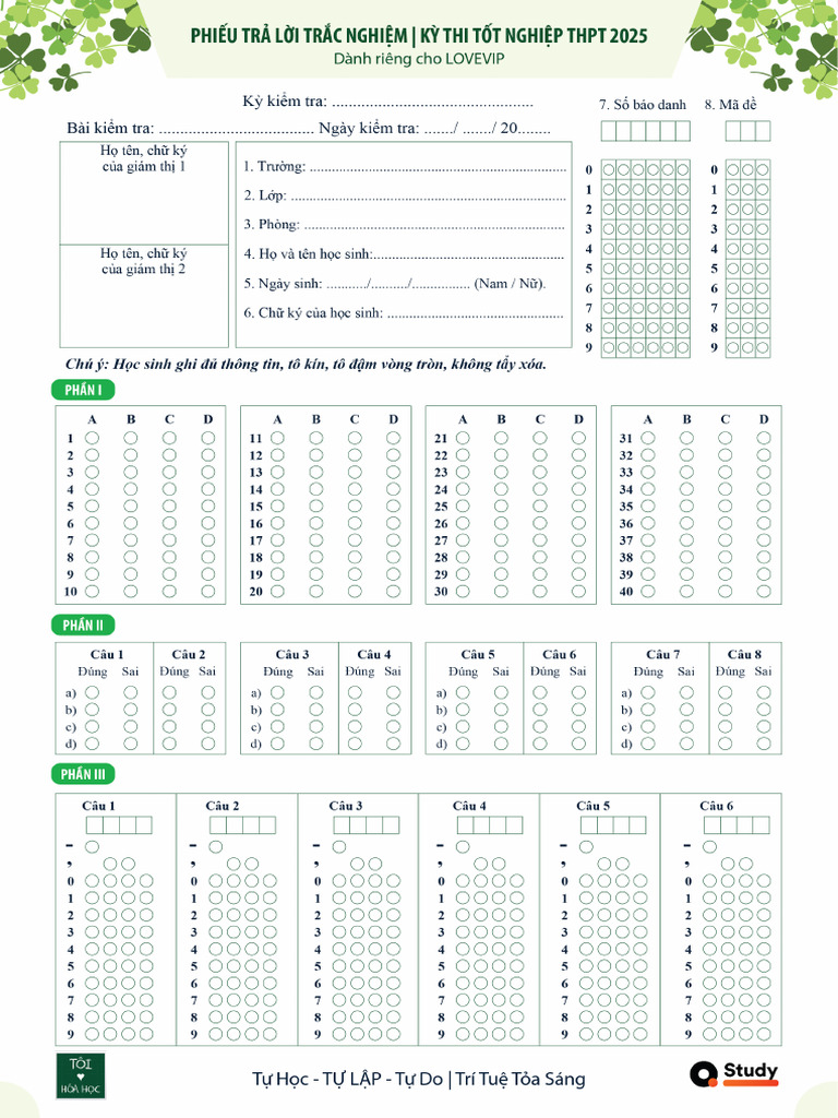 TYHH - Mẫu phiếu trắc nghiệm THPT 2025 | PDF