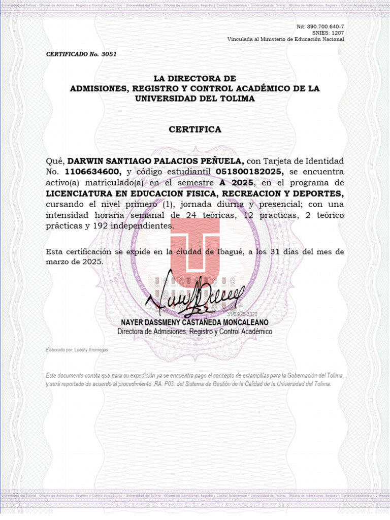 Certificado de matrícula de Darwin Santiago | PDF