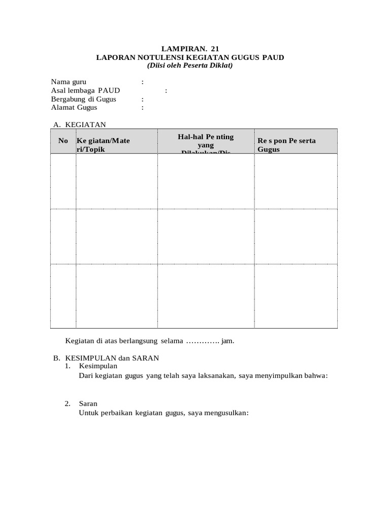 Notulensi Kegiatan Gugus PAUD 2021 | PDF