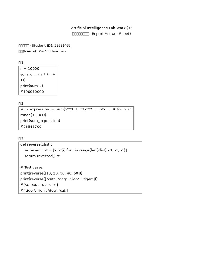 Artificial Intelligence Lab Work (1) Answer Sheet | PDF