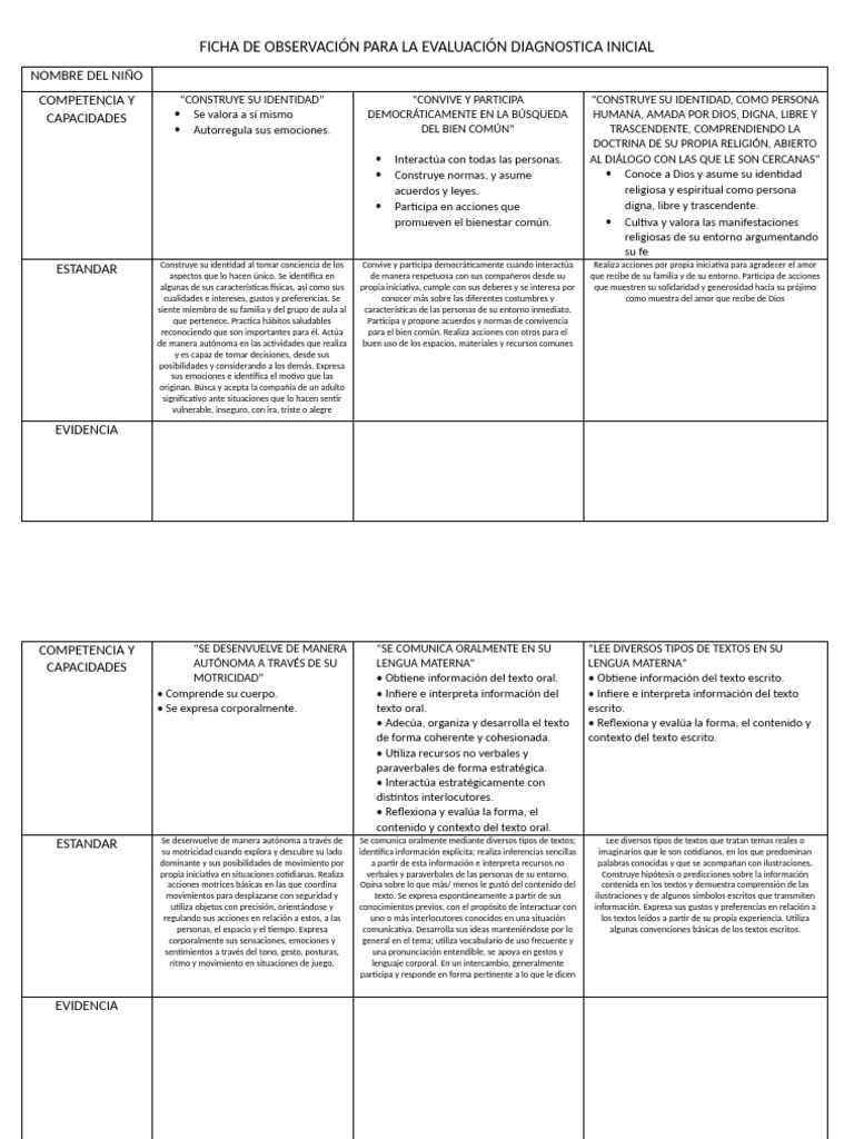 Ficha de Observación para La Evaluación Diagnostica Inicial | PDF | Experiencia | Las emociones