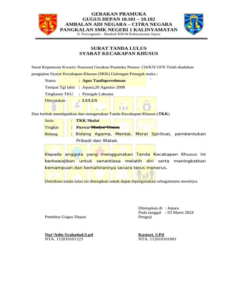 Surat Tanda Lulus TKK Agus Taufiqurrohman | PDF