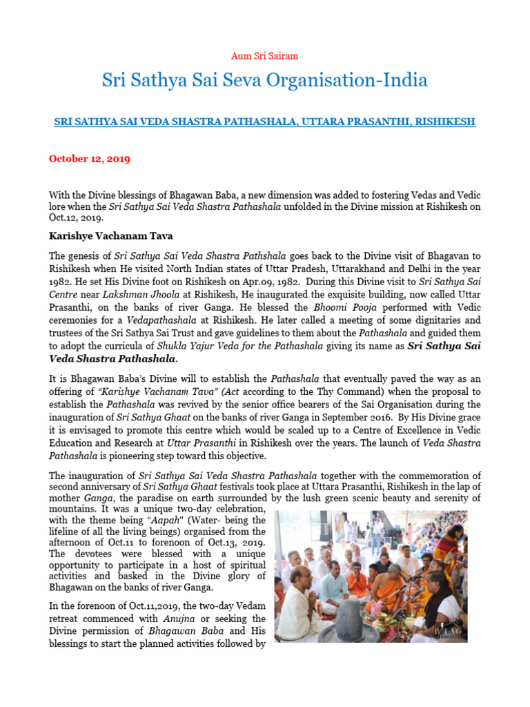 Inauguration of Veda Shastra Pathashala | PDF | Sathya Sai Baba | Vedas