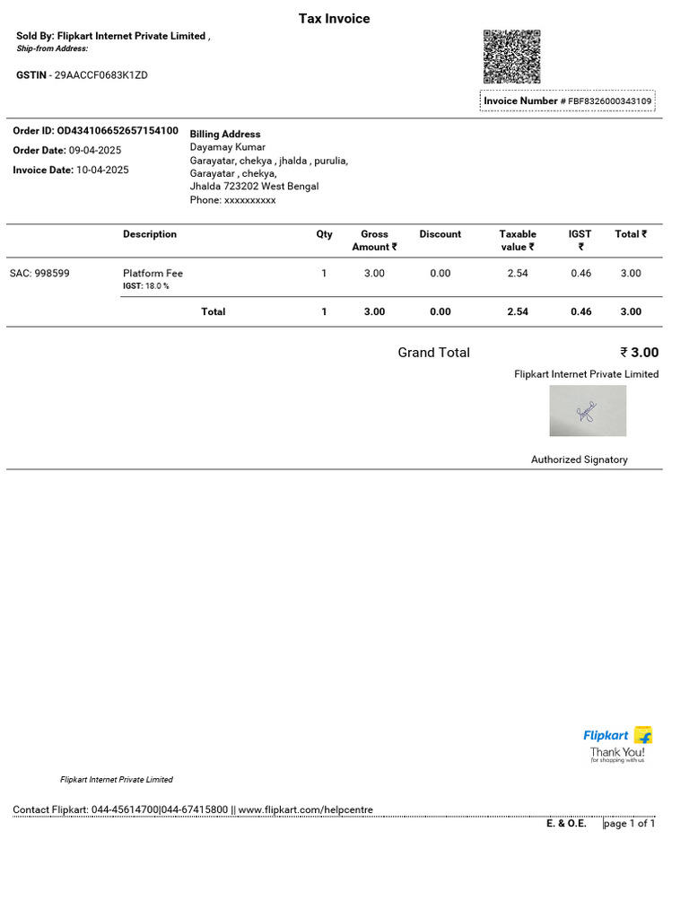 Flipkart Invoice For Watch | PDF