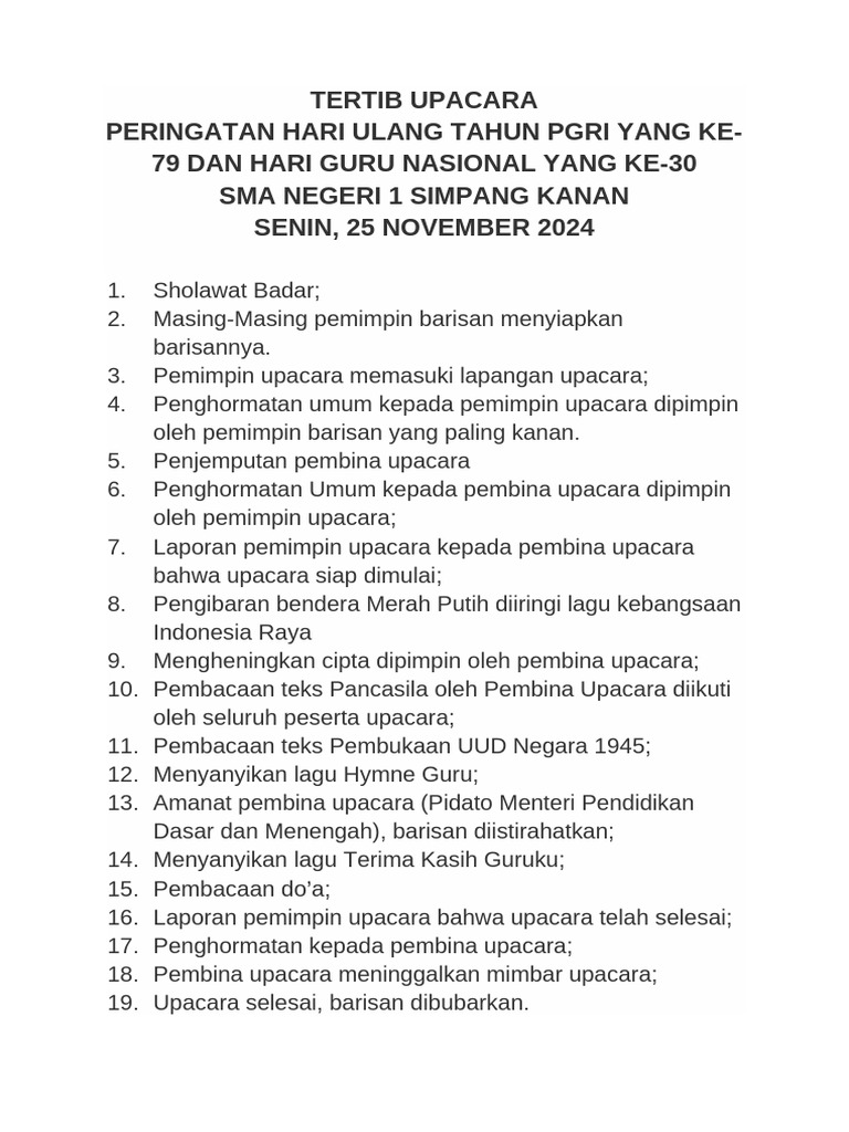 Tertib upacara Peringatan Hari guru 2024 | PDF