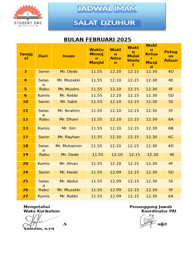 Jadwal Salat Dzuhur Februari 2025 | PDF