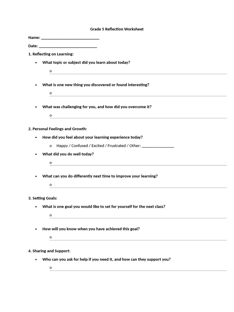 Grade 5 Reflection Worksheet | PDF