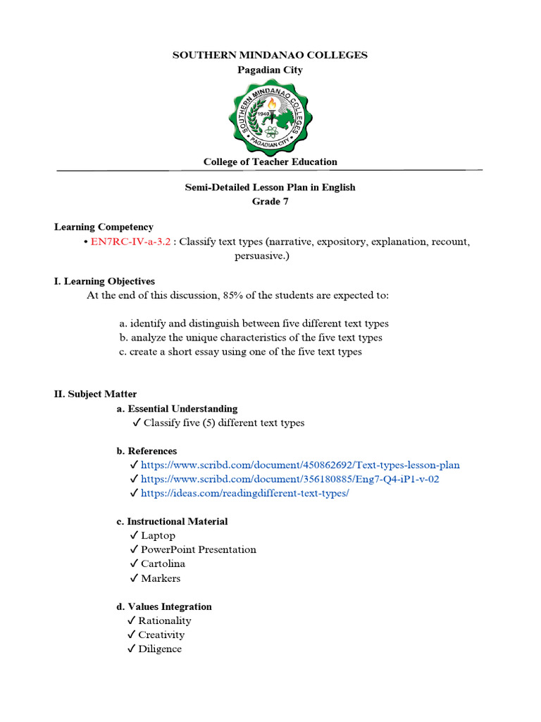 Grade 7 English Text Types Lesson Plan | PDF | Narrative | Essays