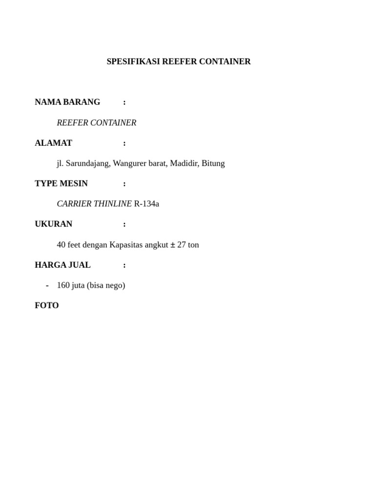 Spesifikasi Reefer Container | PDF