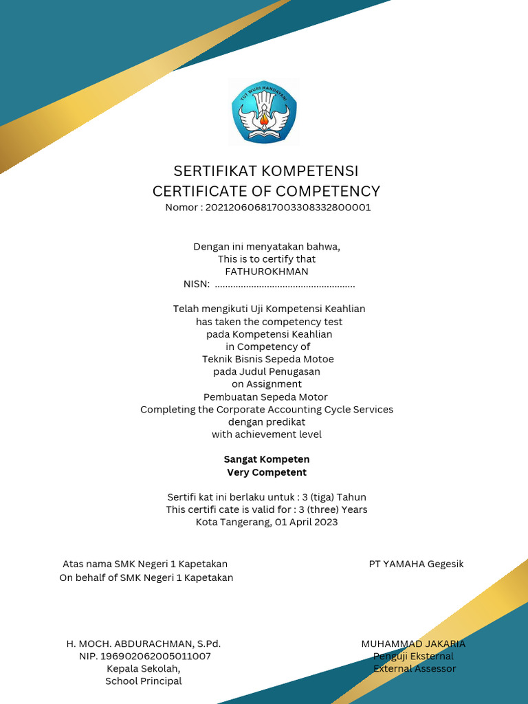 Sertifikat Kompetensi Certificate of Competency: Sangat Kompeten Very ...