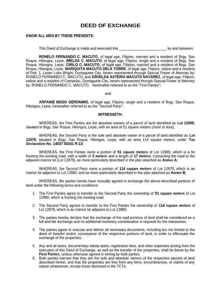 F Deed of Exchange | PDF | Deed | Conveyancing