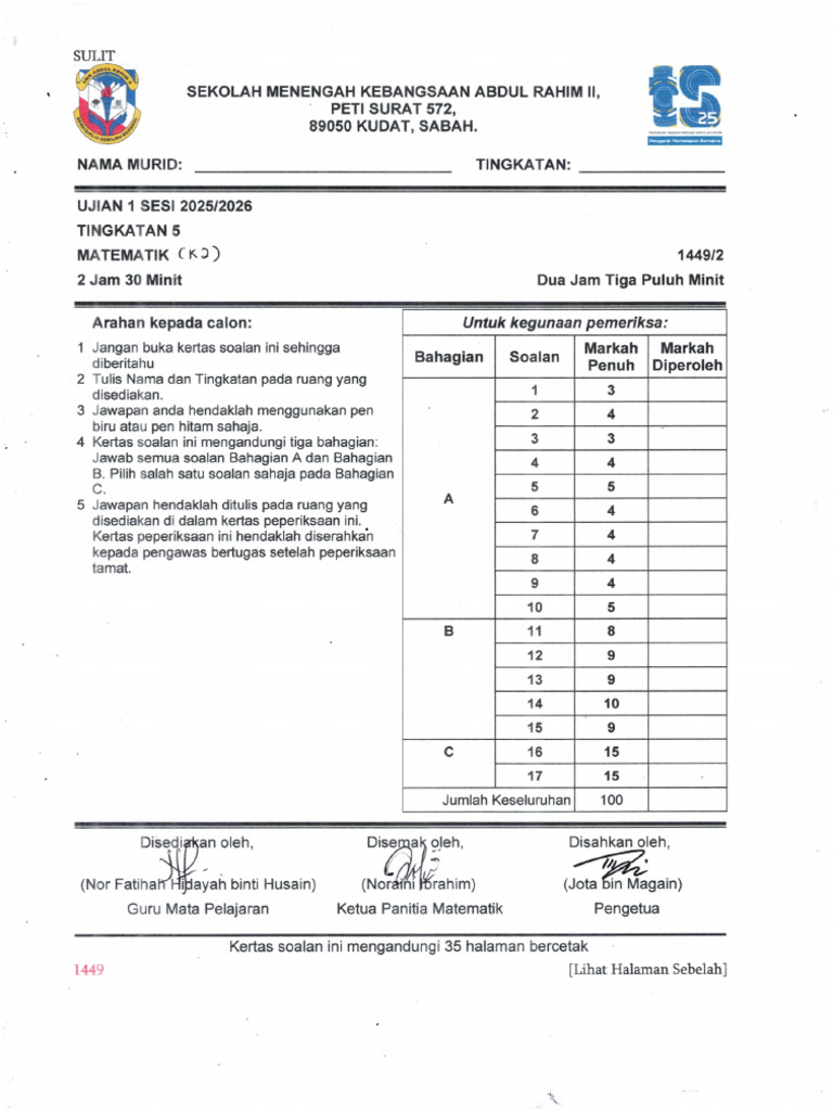 Math Ting. 5 k2 Ar1 2025 | PDF