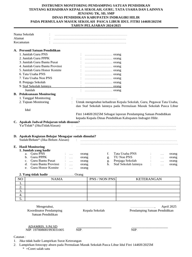 INSTRUMEN MONITORING PENDAMPING SATUAN PENDIDIKAN PADA PERMULAAN MASUK SEKOLAH PASCA LIBUR IDUL ...
