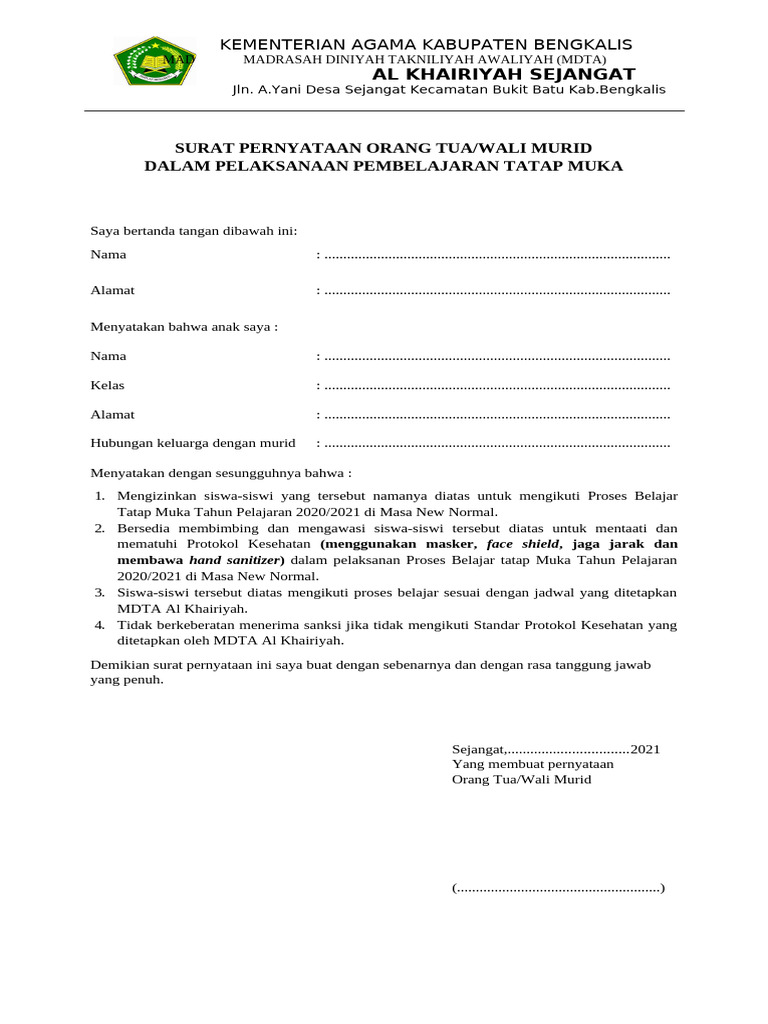 SURAT PERNYATAAN ORANG TUA-dikonversi | PDF