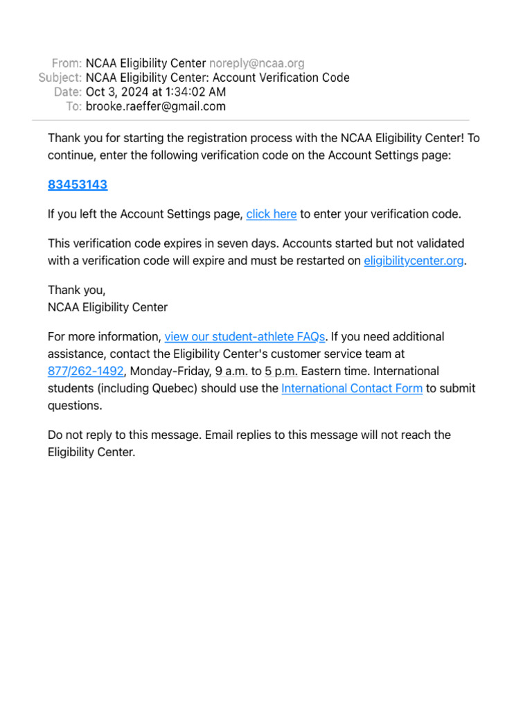 NCAA Eligibility Center Account Verification Code | PDF