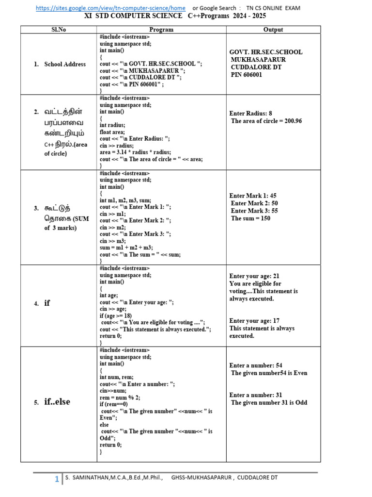 11th-Computer-Science-C-Programs-2024-2025-Tamil-Medium-PDF-Download | PDF | Namespace ...