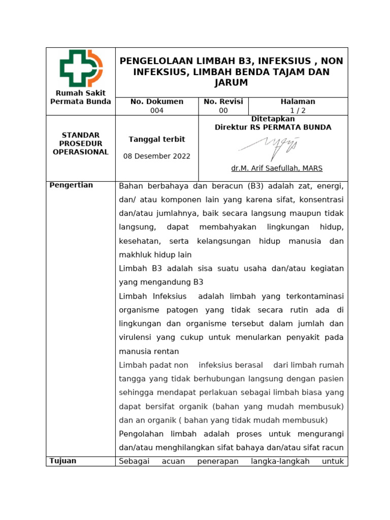 004 Spo Pengelolaan Limbah b3, Infeksius, Non Infeksius, Benda Tajam Dan Jarum | PDF