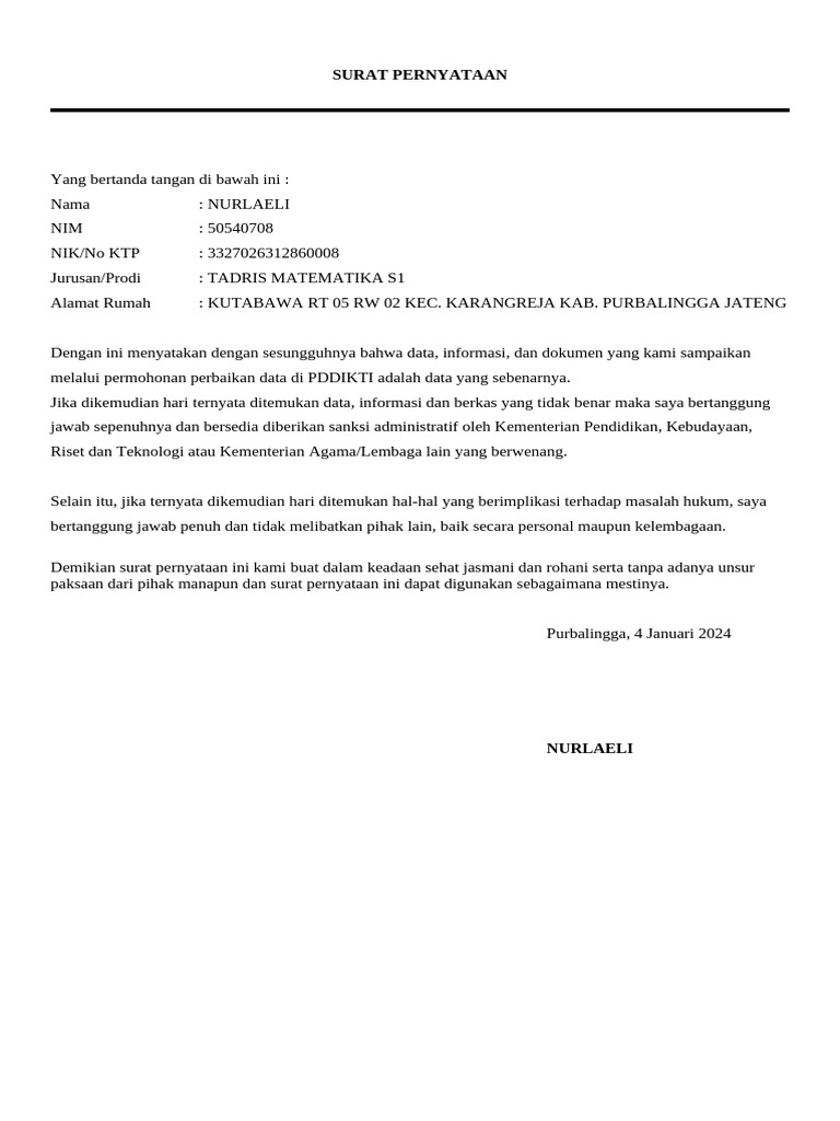 Surat Pernyataan Kebenaran Data dan Dokumen | PDF