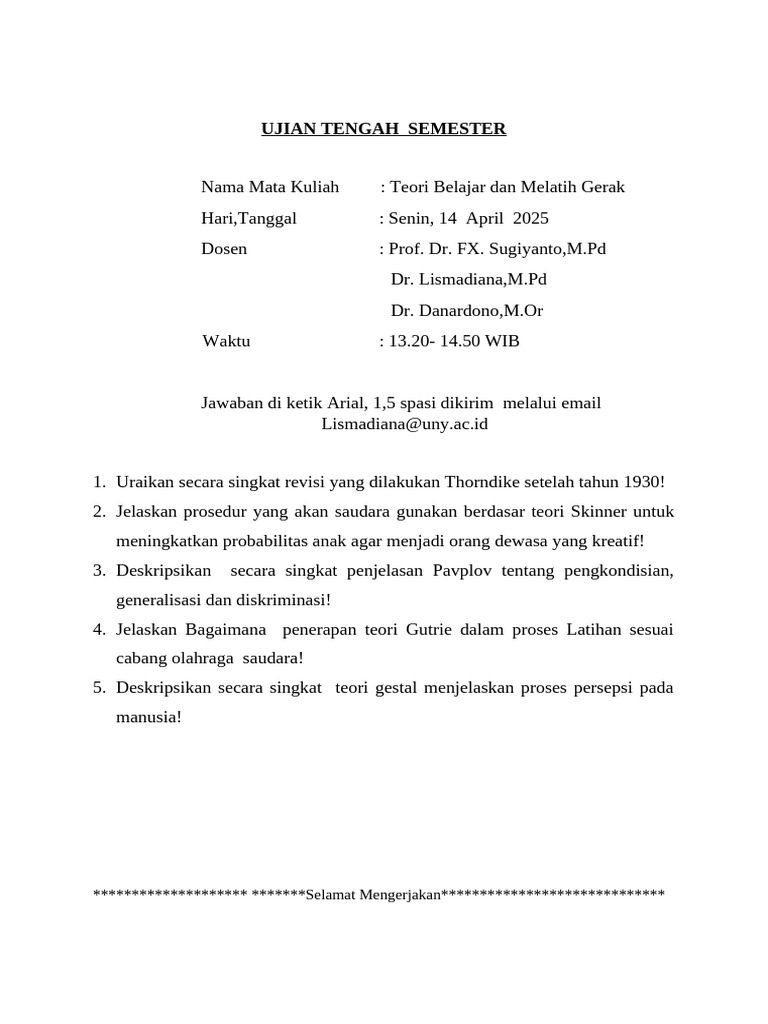 UTS Teori Belajar 2025 | PDF