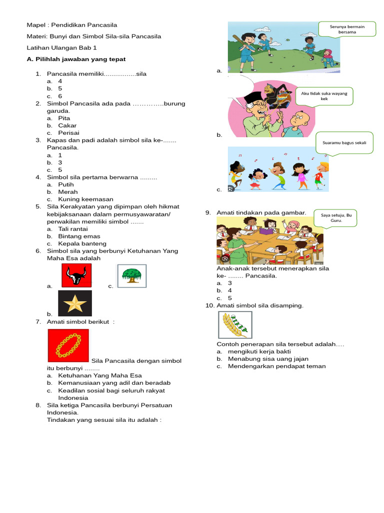 Soal Bab 1 Materi Simbol Lambang Pancasilan Dan Bunyi | PDF