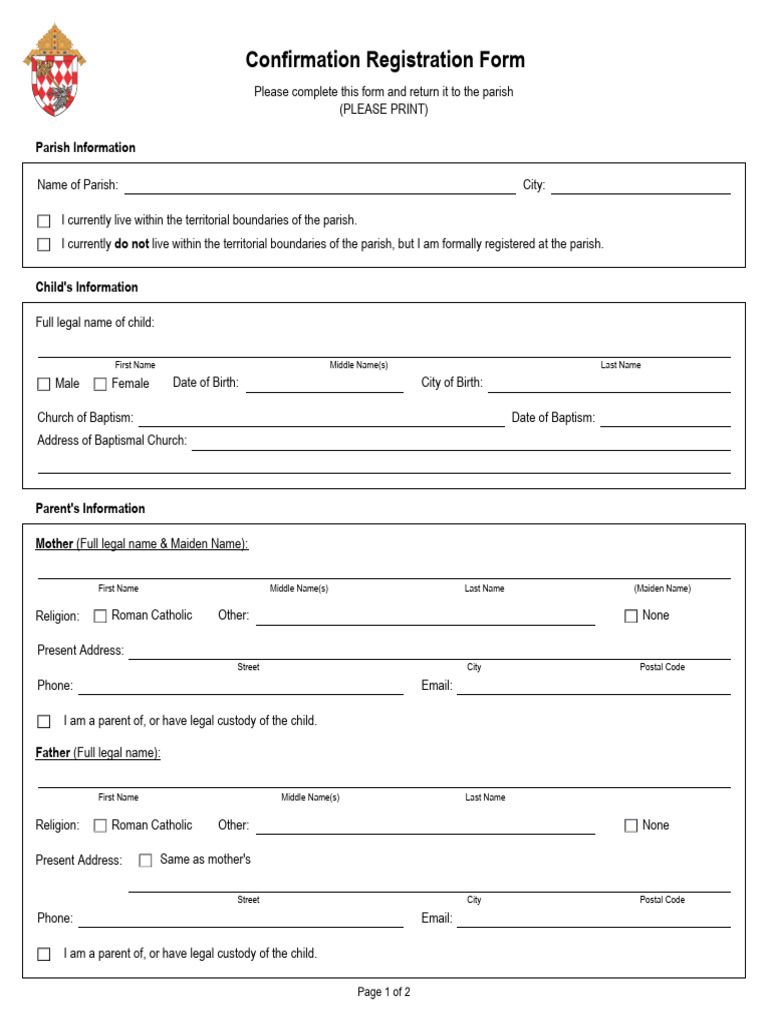 Confirmation Registration Form | PDF | Godparent | Catholic Church