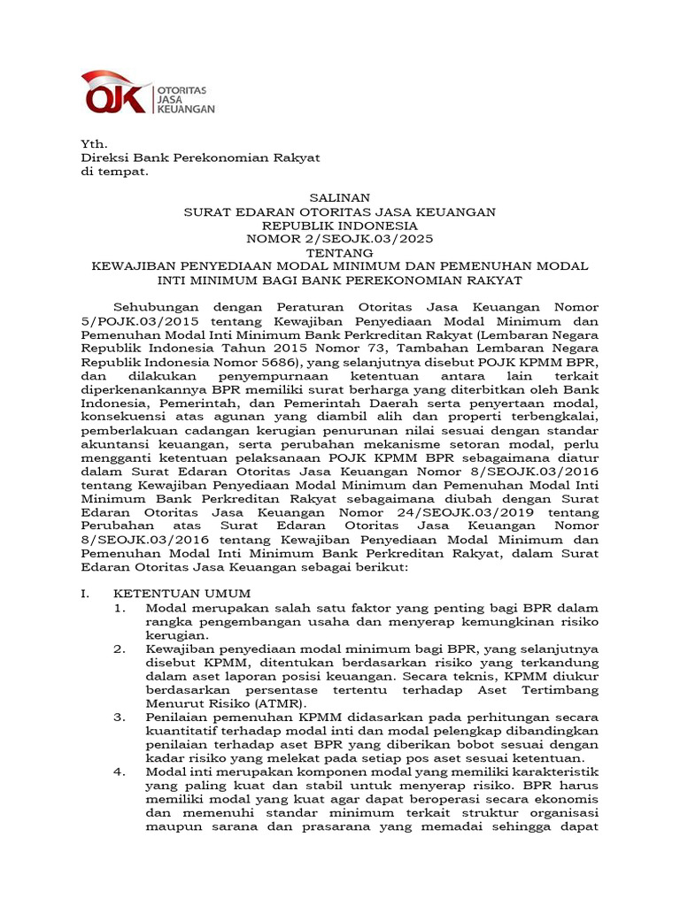SEOJK 2-SEOJK03-2025 Kewajiban Penyediaan Modal Minimum Dan Pemenuhan ...