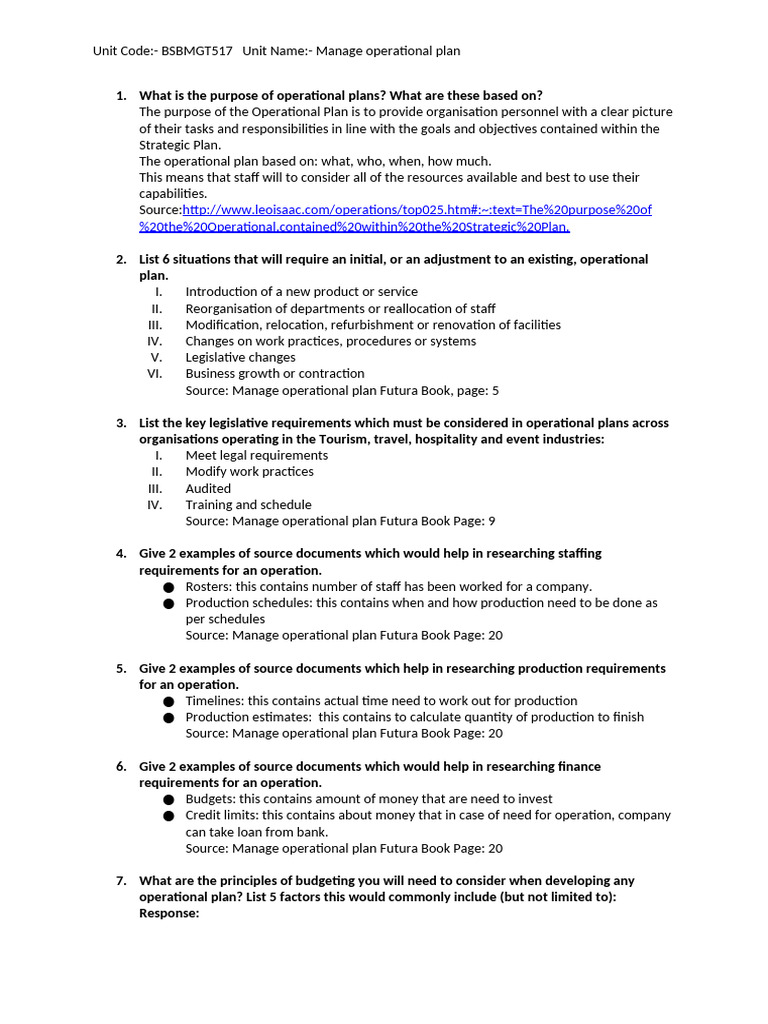 Manage Operational Plan Assessment 1 | PDF | Performance Indicator ...