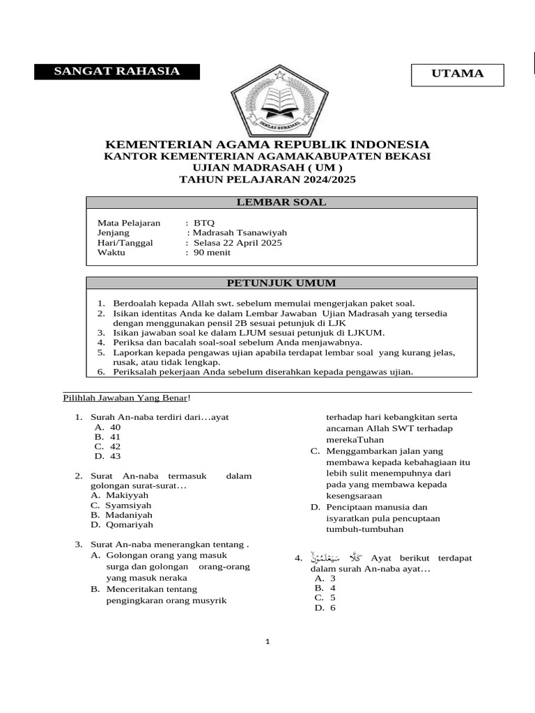 Soal Pat BTQ Kelas 9 2022 2023 | PDF