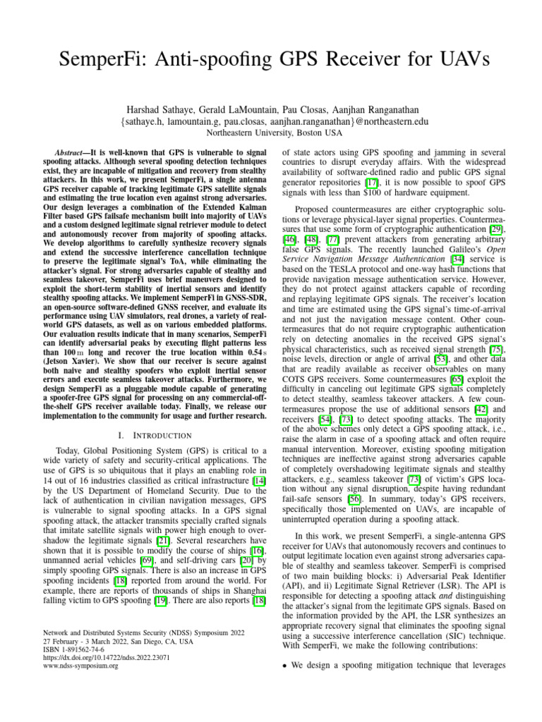 SemperFi: GPS Anti-Spoofing for UAVs | PDF | Global Positioning System | Kalman Filter