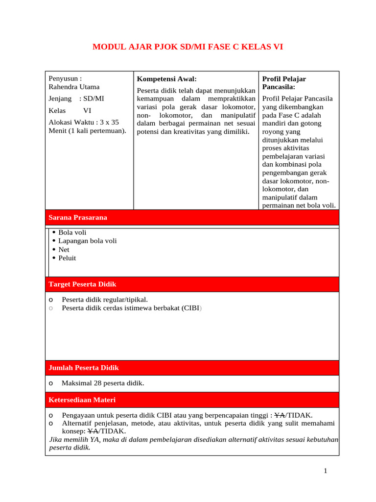 02 PJOK MODUL AJAR FASE C KELAS 6 BOLA VOLI - modulguruku.com | PDF