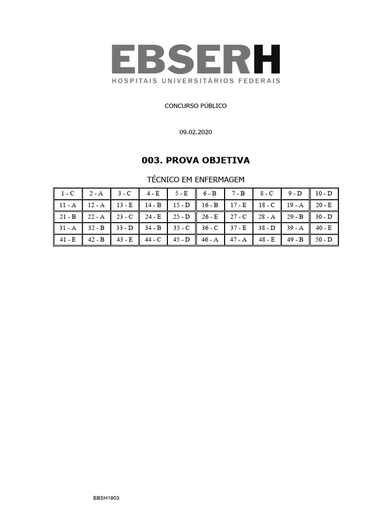 Gabarito Prova Técnico Enfermagem 2020 | PDF