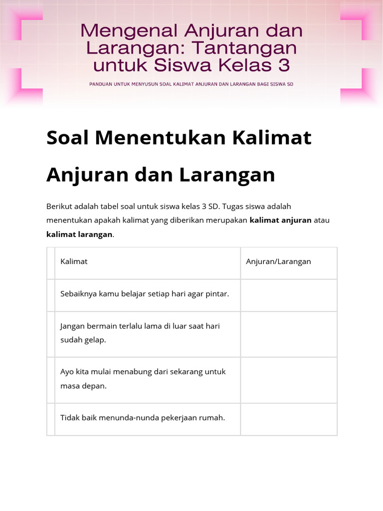 Soal Kalimat Anjuran dan Larangan SD | PDF
