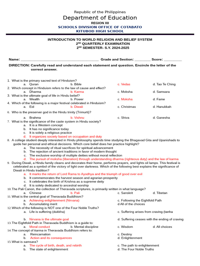 World Religion Exam: Hinduism & Buddhism | PDF | Mahayana | Moksha