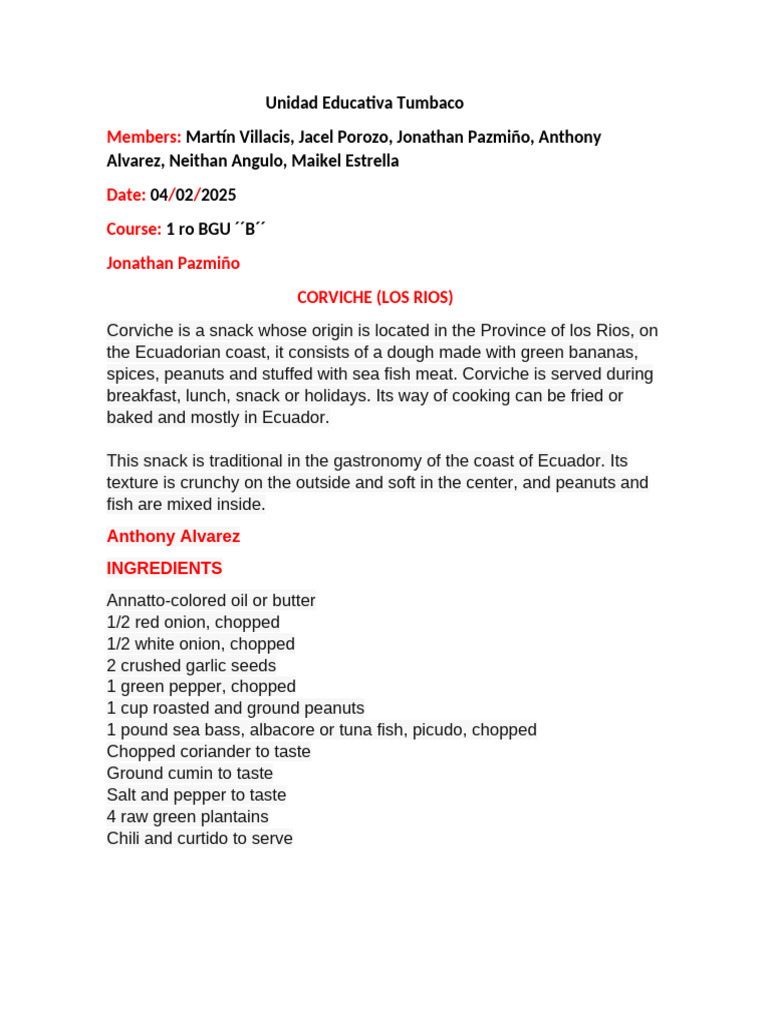 Corviche: Traditional Ecuadorian Snack | PDF