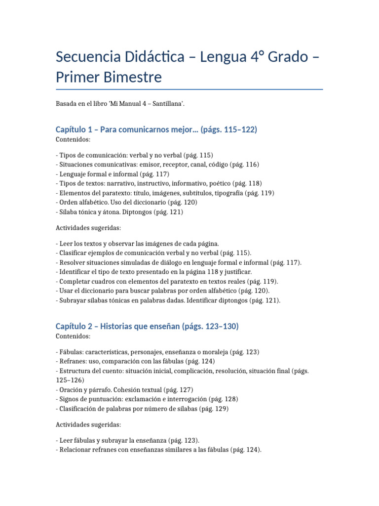 Secuencia Didactica Lengua 4to 1erbimestre | PDF