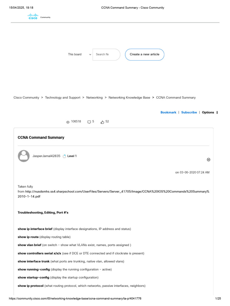 CCNA Command Summary - Cisco Community | PDF | Ip Address | I Pv6