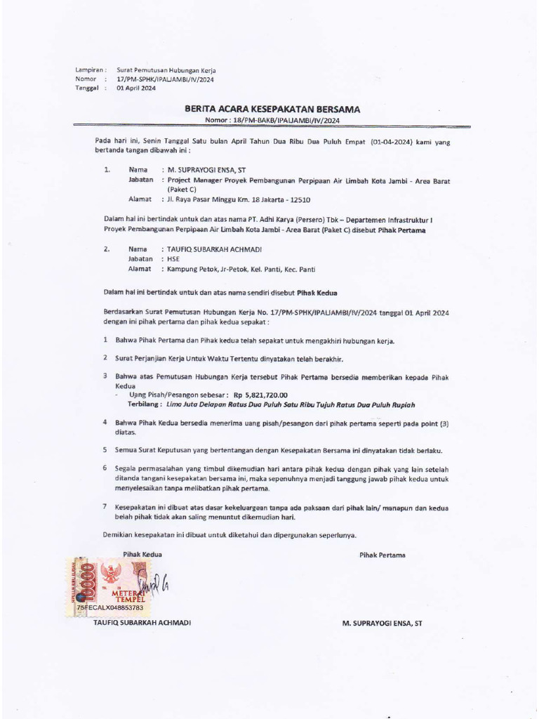 Kesepakatan Bersama Taufiq Subarkah Achmadi | PDF