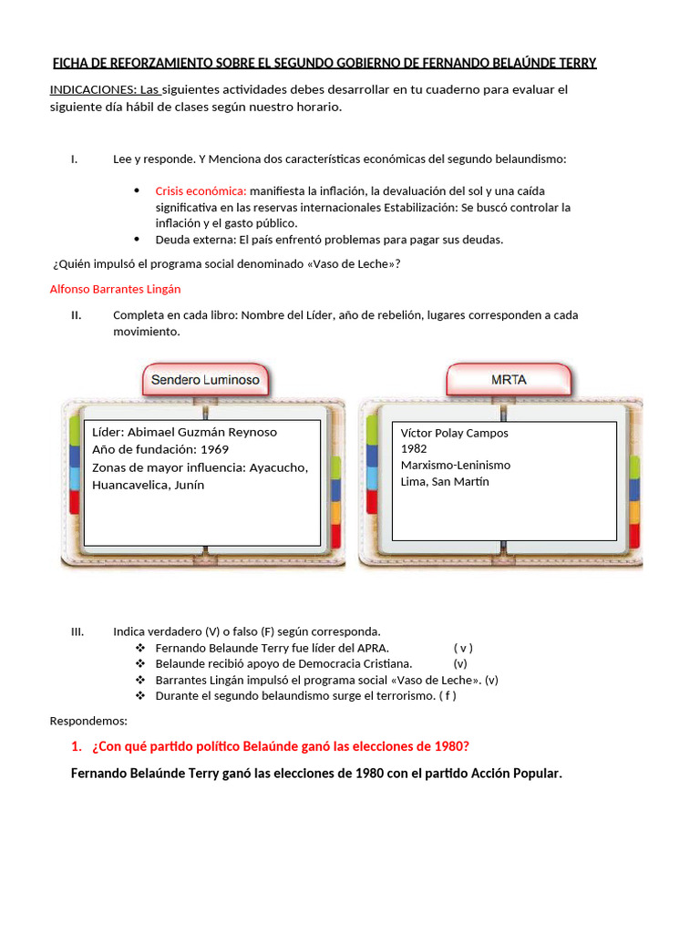 Fificha de Reforzamiento Sobre El Segundo Gobierno de Fernando Belaúnde ...